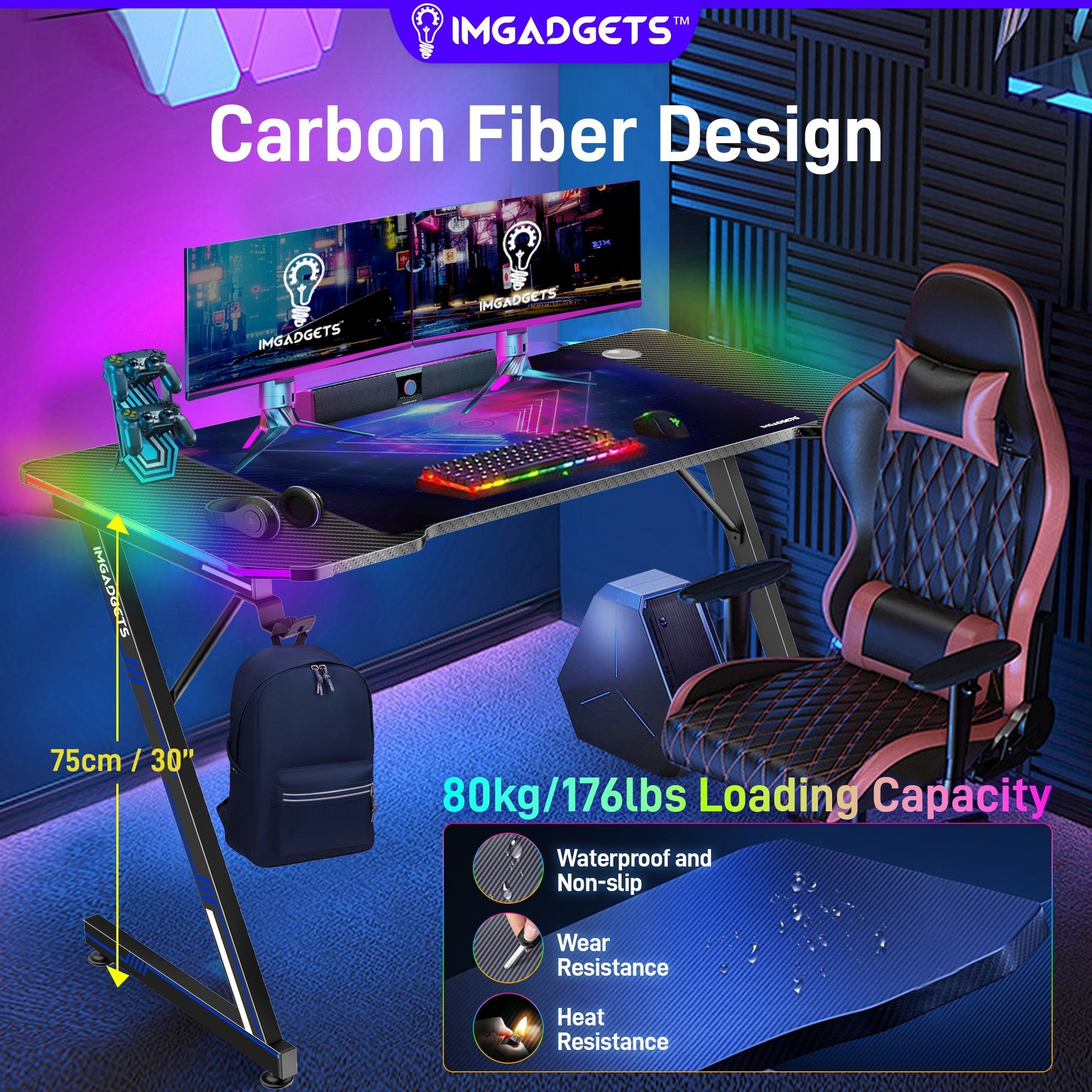 IMGadgets Z Shaped Gaming Desk with Dynamic LED lighting Durable Mouse Pad 47 x24 Carbon Fiber Surface 100 kg Load Capacity Ultimate Gaming
